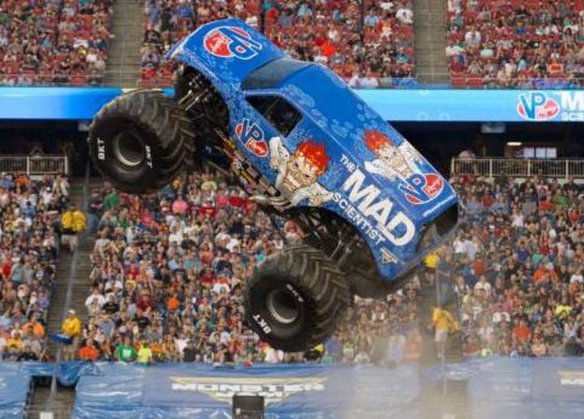 Monster truck Mad Scientist forward rolling into San Antonio