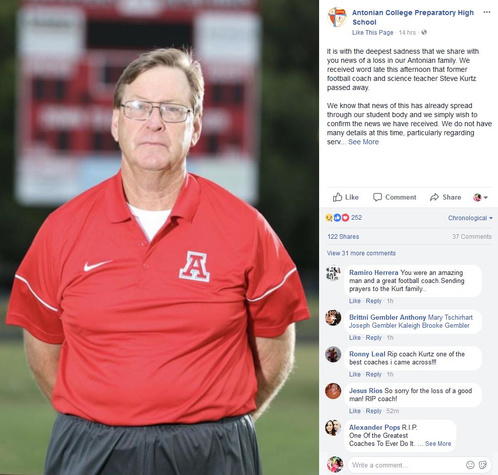 Beloved former Antonian football coach dies of a heart attack