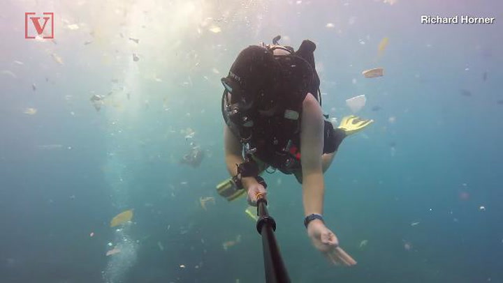 Diver films himself swimming through ocean of plastic