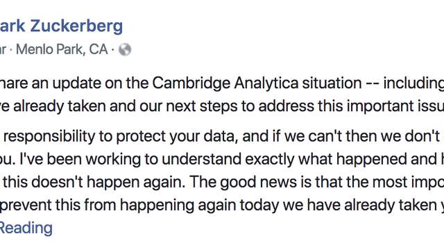 Read Mark Zuckerberg's full post regarding Cambridge Analytica