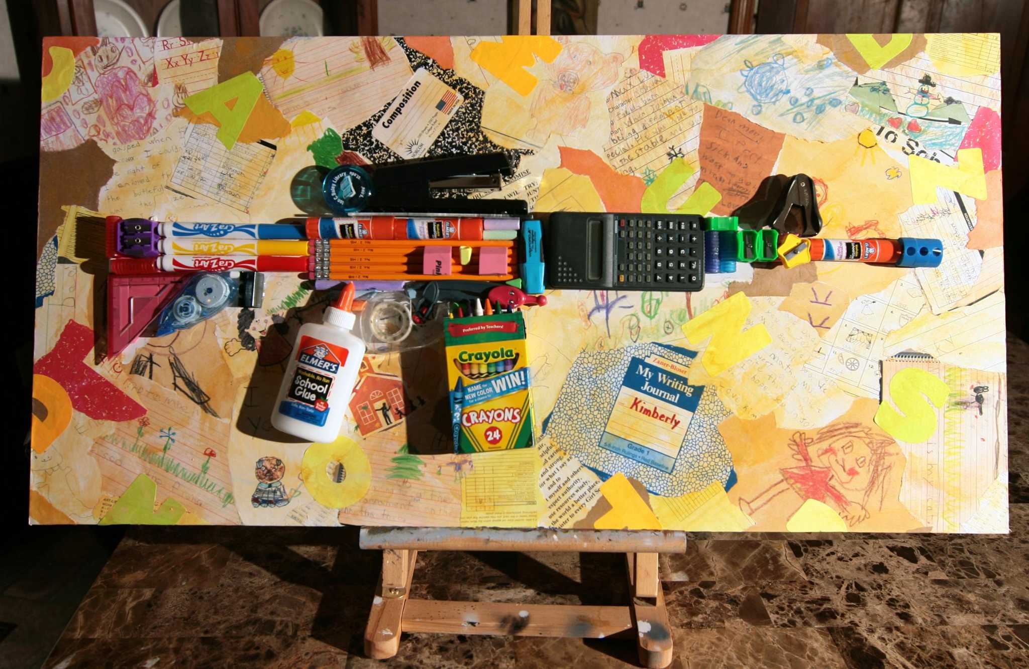 Art student’s work mixes imagery of guns, school