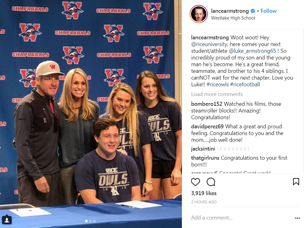 Luke Armstrong, son of Lance Armstrong, to play football at Rice