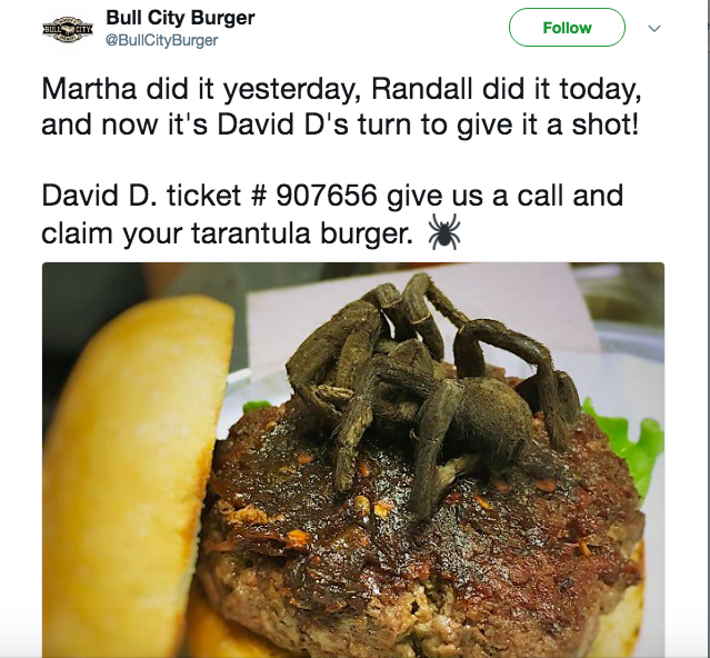 Restaurant serving hairy tarantula burgers for Exotic Meat Month