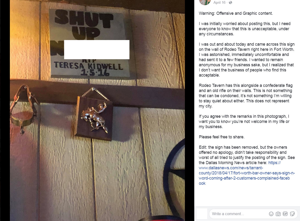 Sign with n-word in Texas bar may come down after social media backlash