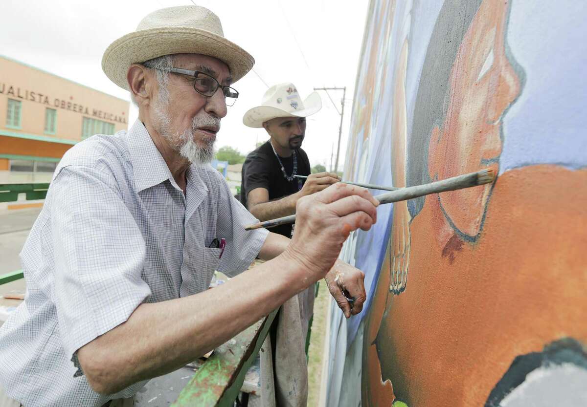 Aerosol king Gonzo 247 and painter Leo Tanguma detail East End mural ...