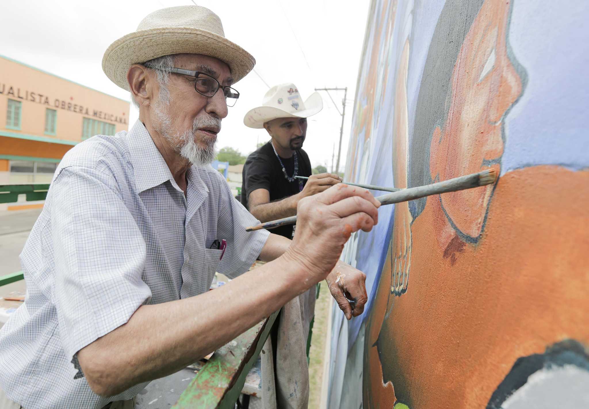 Aerosol king Gonzo 247 and painter Leo Tanguma detail East End mural ...