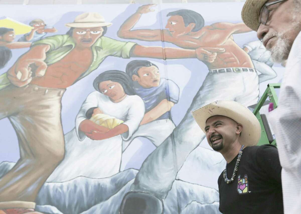 Aerosol king Gonzo 247 and painter Leo Tanguma detail East End mural ...