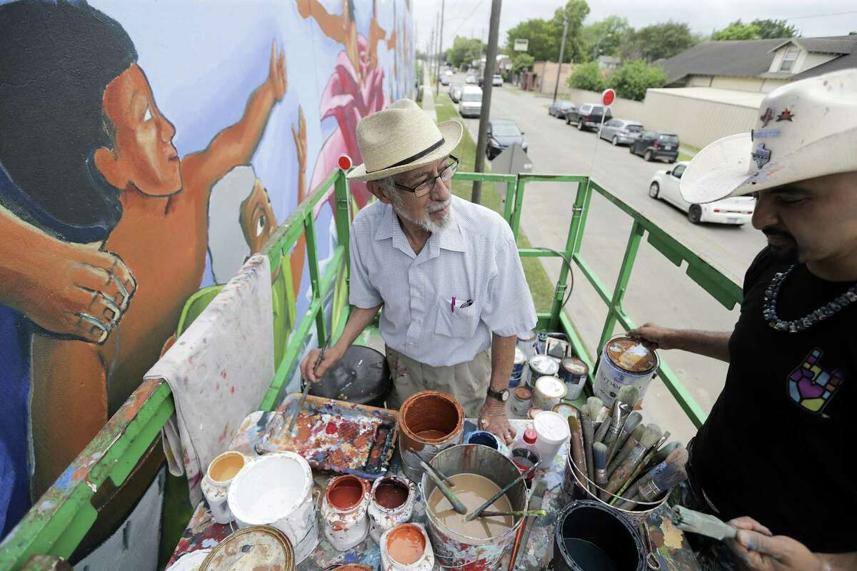Aerosol king Gonzo 247 and painter Leo Tanguma detail East End mural ...