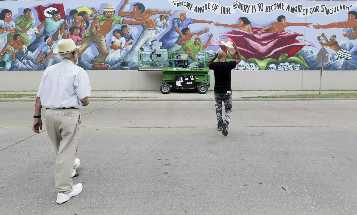 Aerosol king Gonzo 247 and painter Leo Tanguma detail East End mural ...