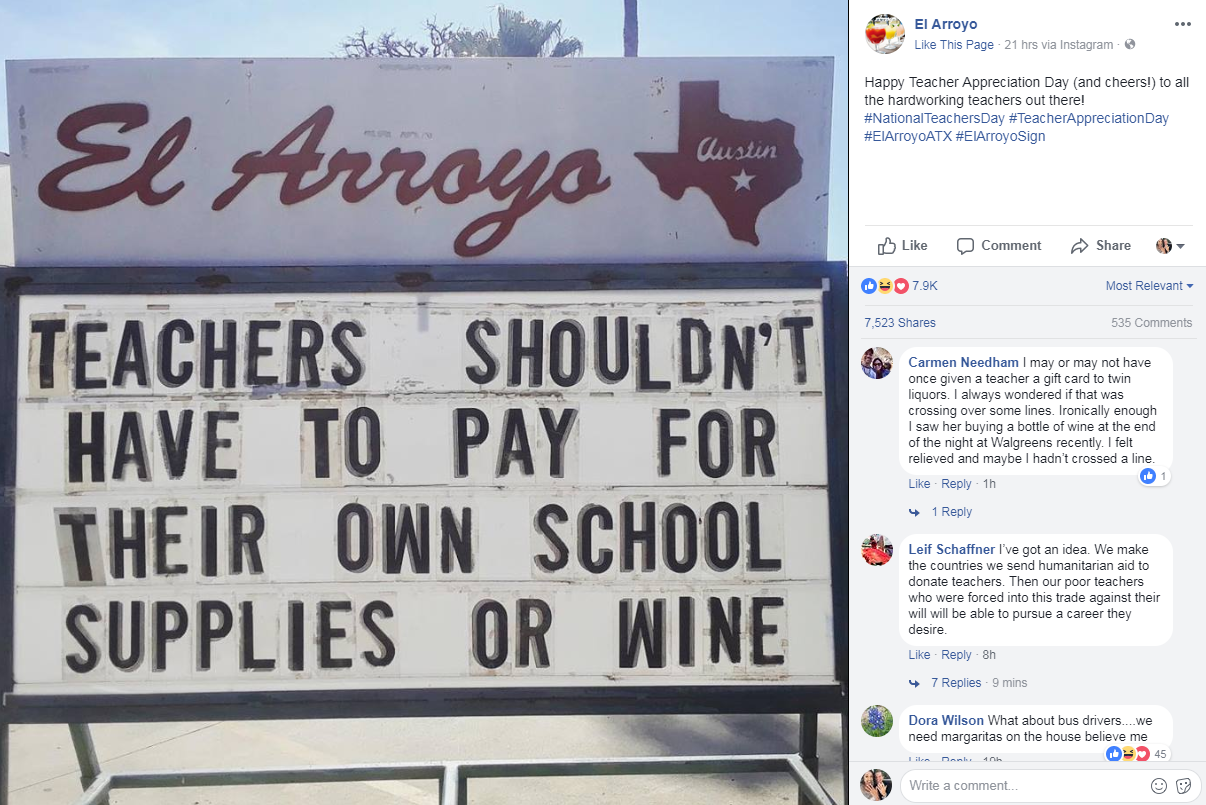 Austin's El Arroyo shows support for teachers with relatable sign