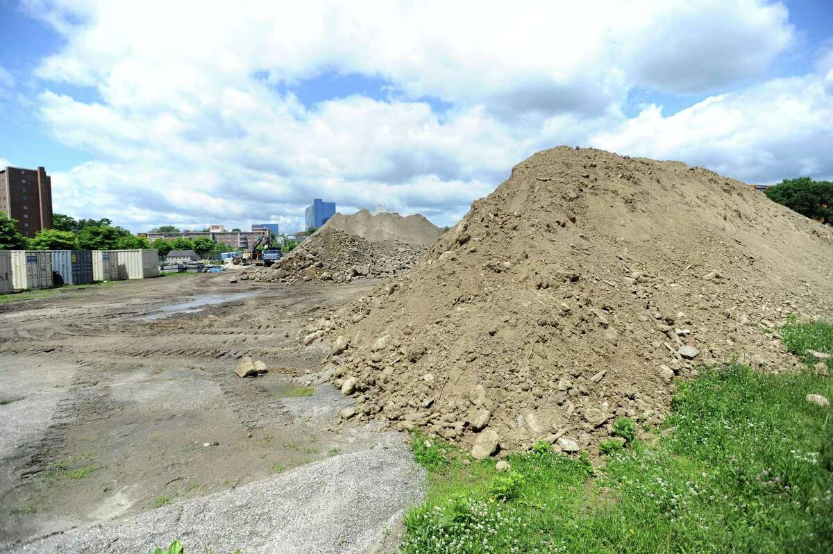 Truckloads of dirt on the move in downtown Stamford