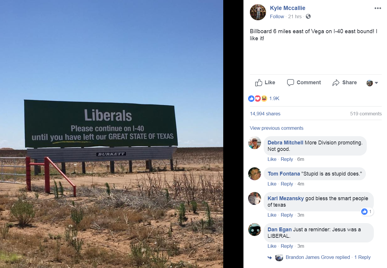 Billboard tells liberals to keep driving until they've left Texas