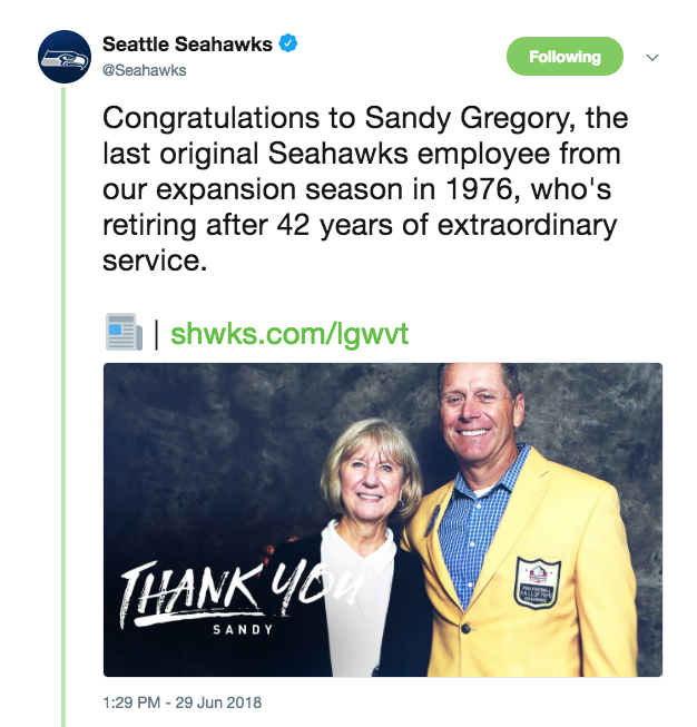 Sandy Gregory, last remaining Seahawks employee from inaugural season ...