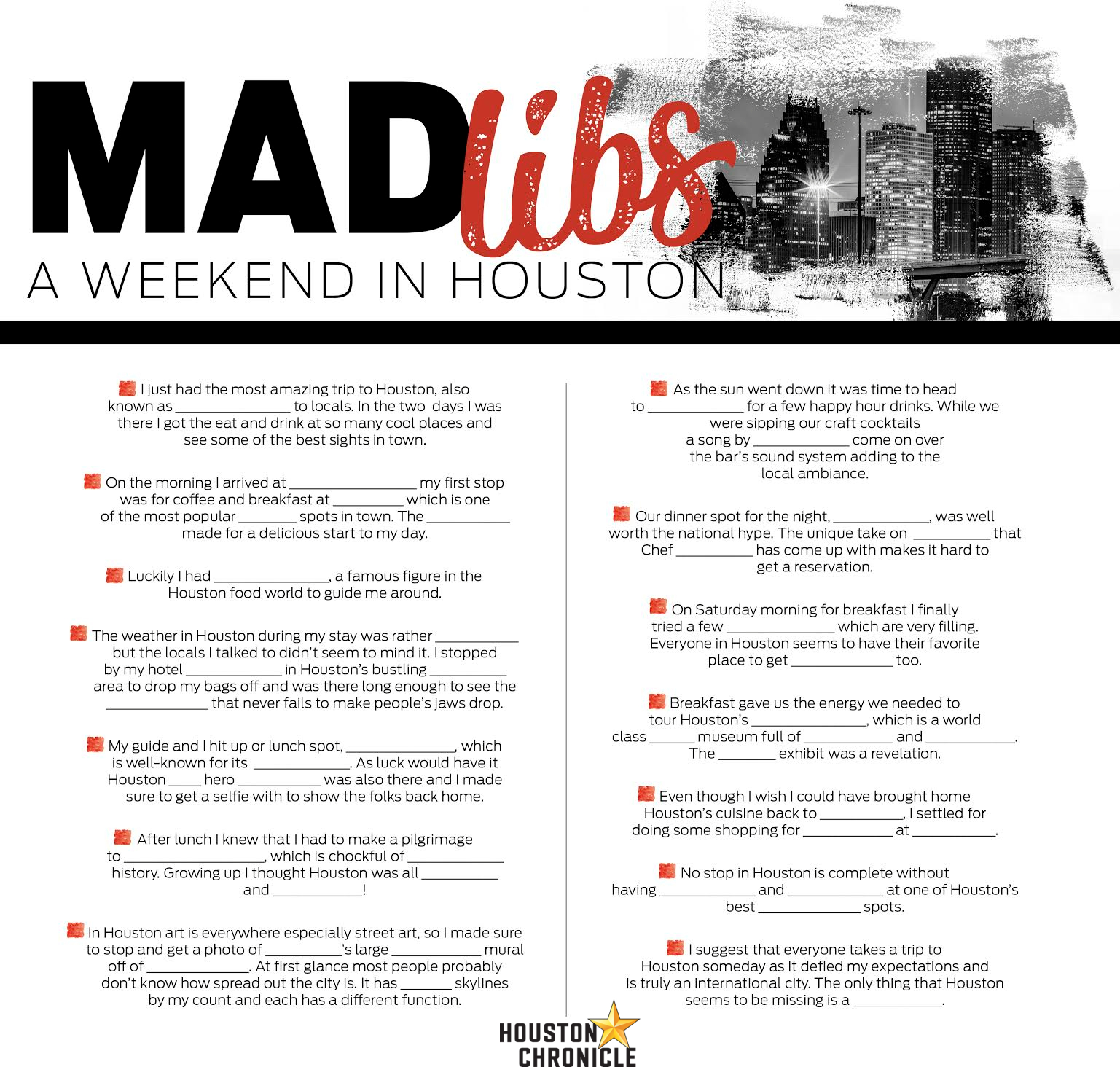 Fill out your own Houston tourism Mad Libs story