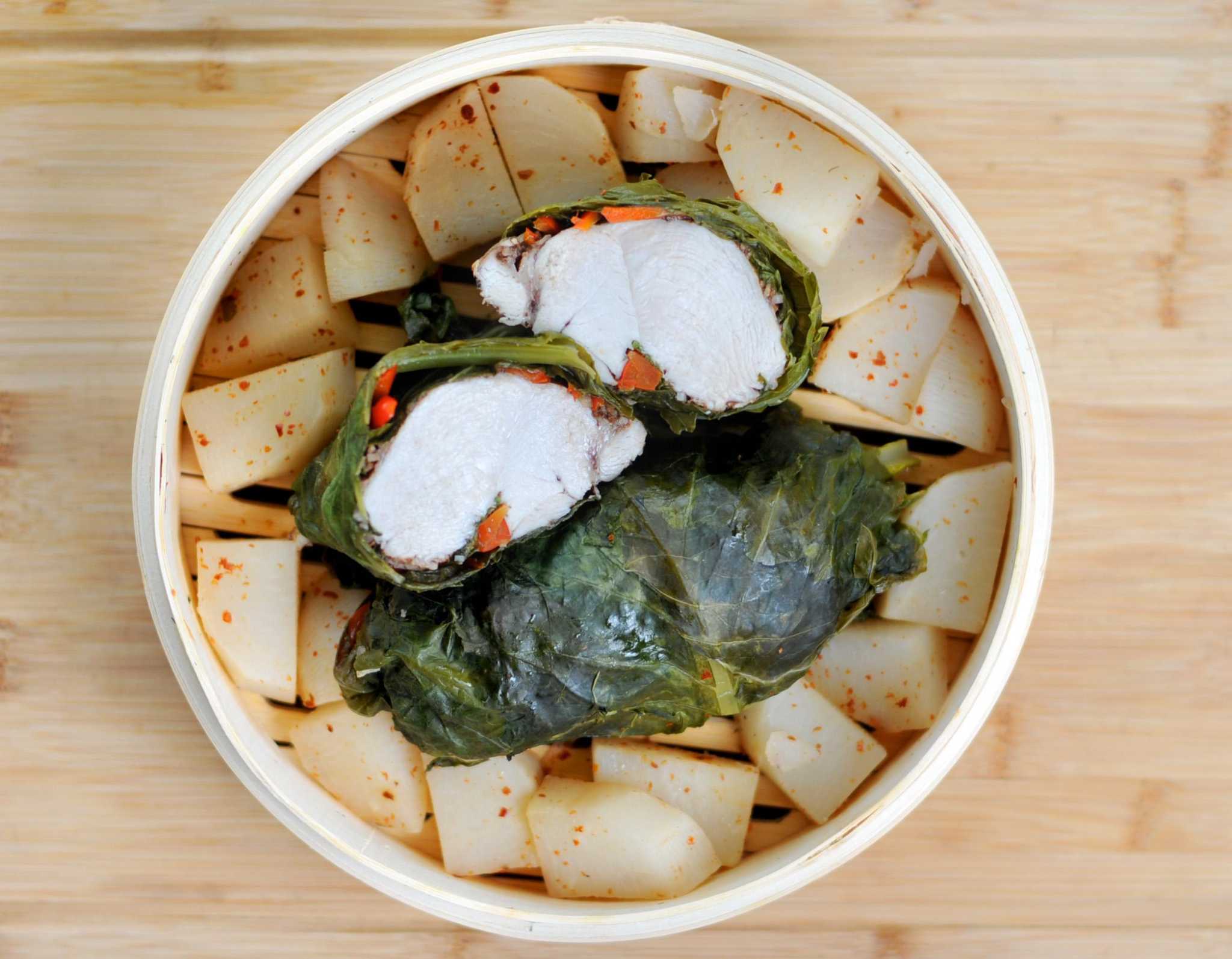Recipe: Steamed Chicken Parcels and Spiced Turnips