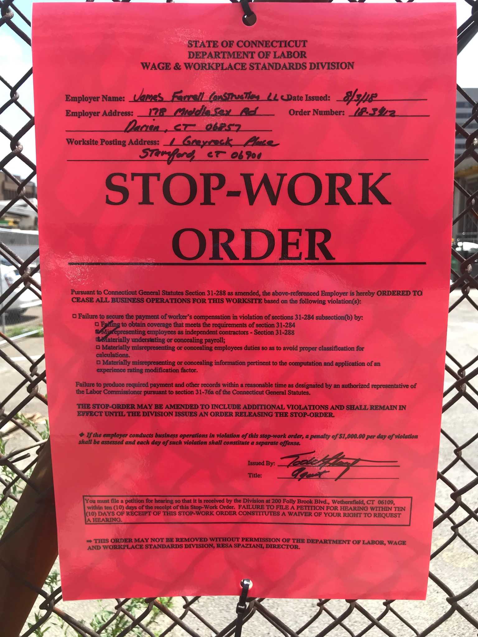 Underage carpenter prompts work stoppage at Stamford construction site