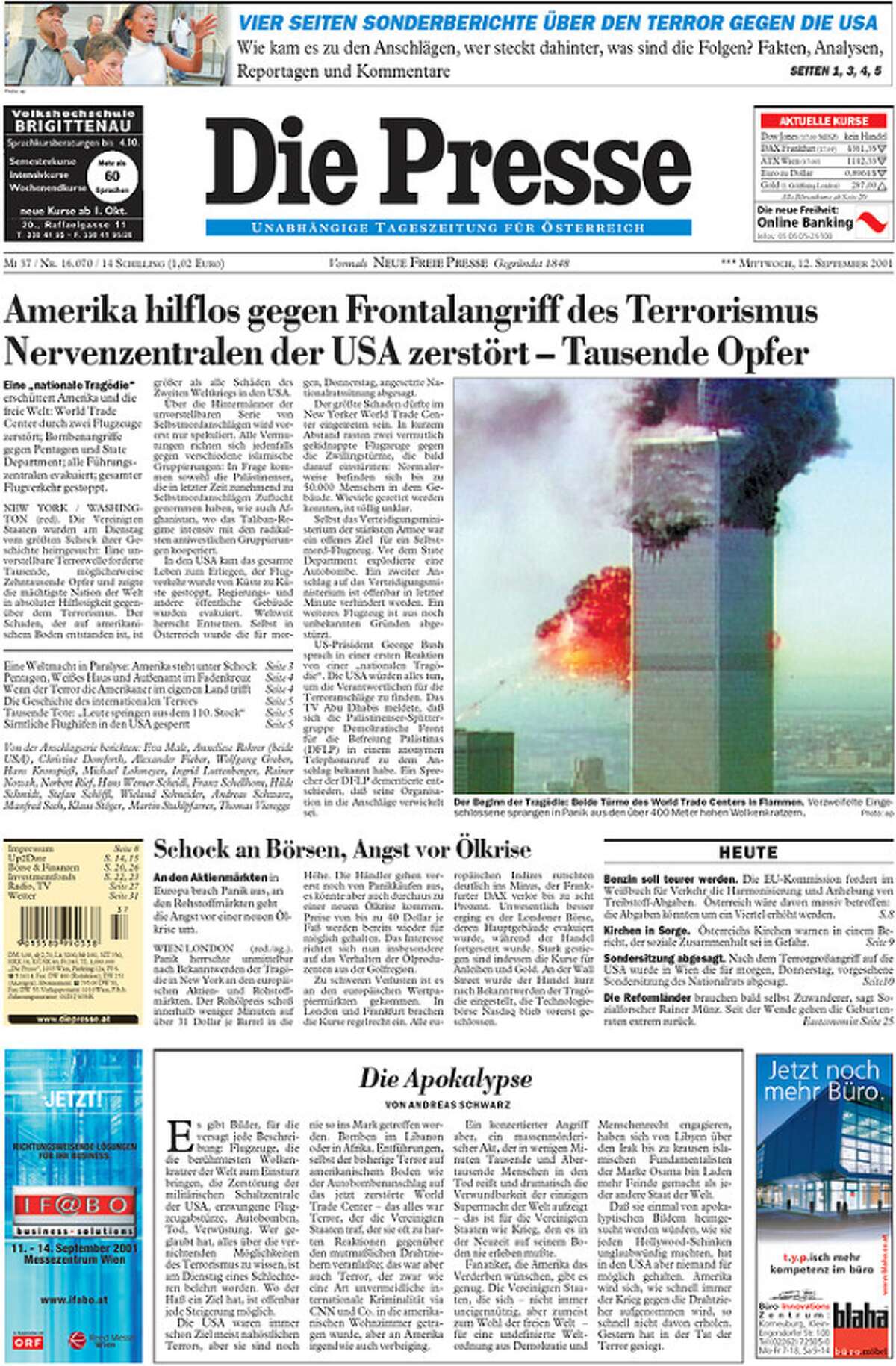 Photos: Newspaper front pages show day after 9/11 terror attack