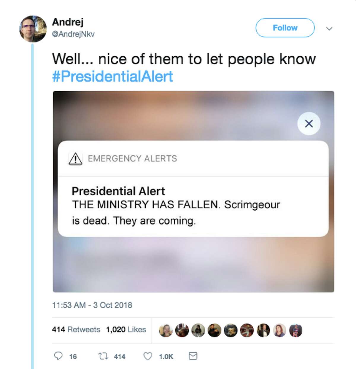 Emergency #PresidentialAlert quickly becomes a meme