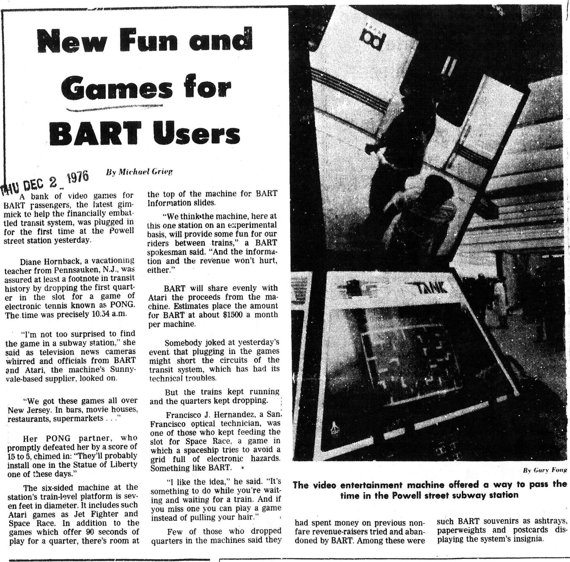 An Atari arcade on BART? In the 1970s in SF, it was game on