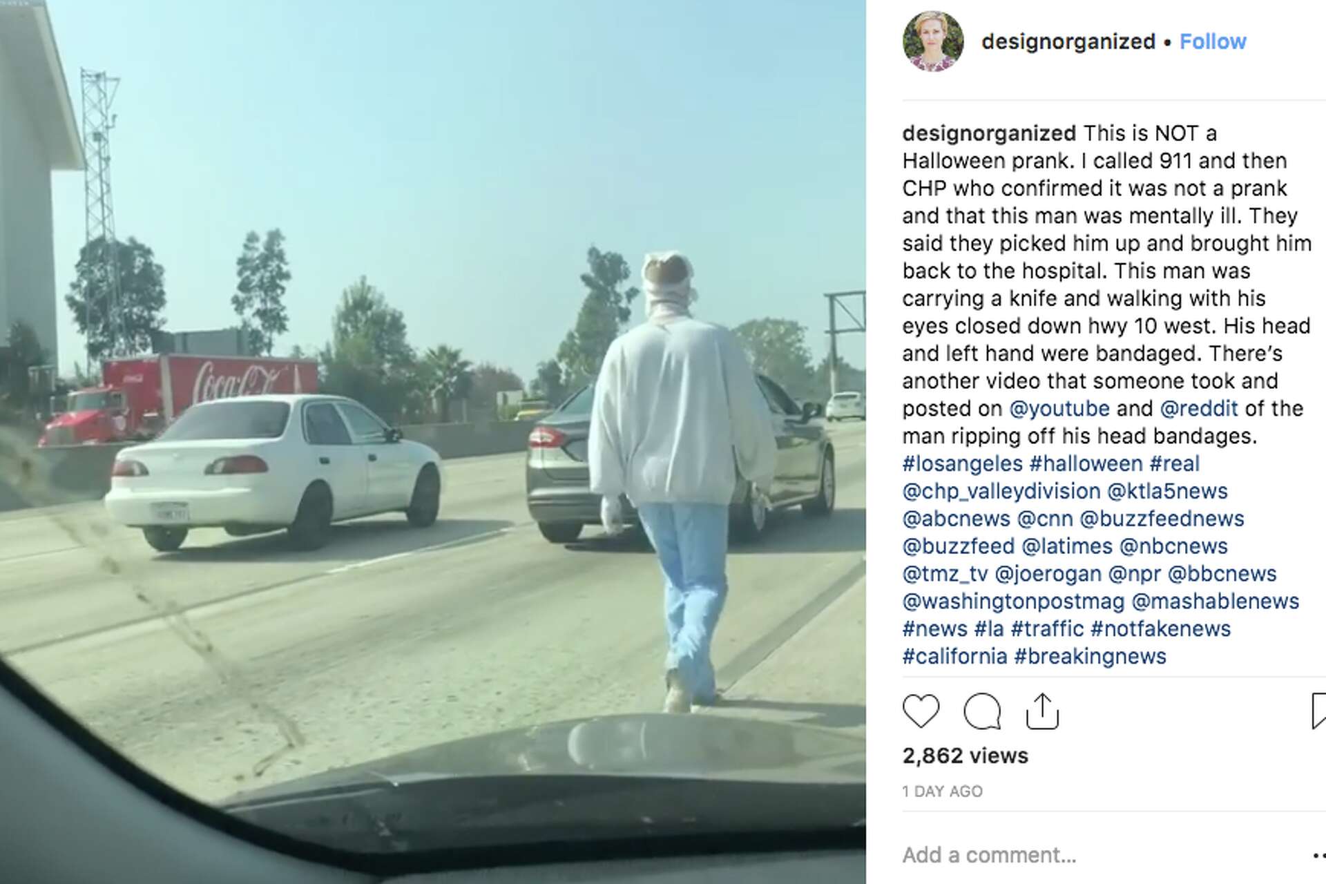 Bandaged man wielding knife on Calif. freeway not a Halloween prank ...