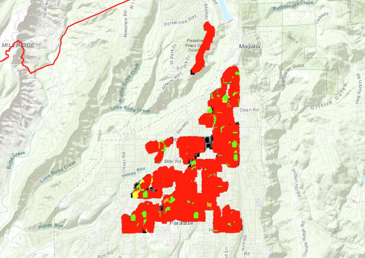 This map shows homes destroyed in the Camp Fire, and those that survived