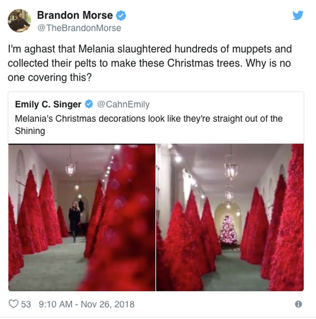 Melania Trump's blood-red Christmas trees mocked with memes