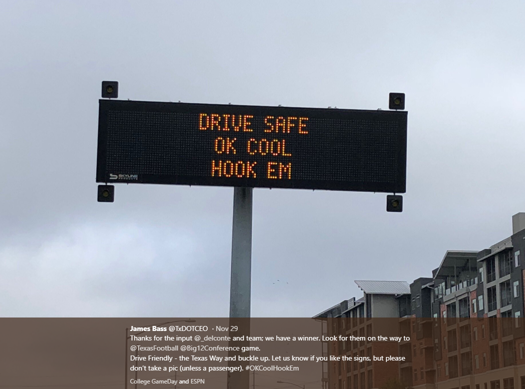 'Ok Cool Hook 'Em' catchphrase written on Texas highway signs ahead of ...