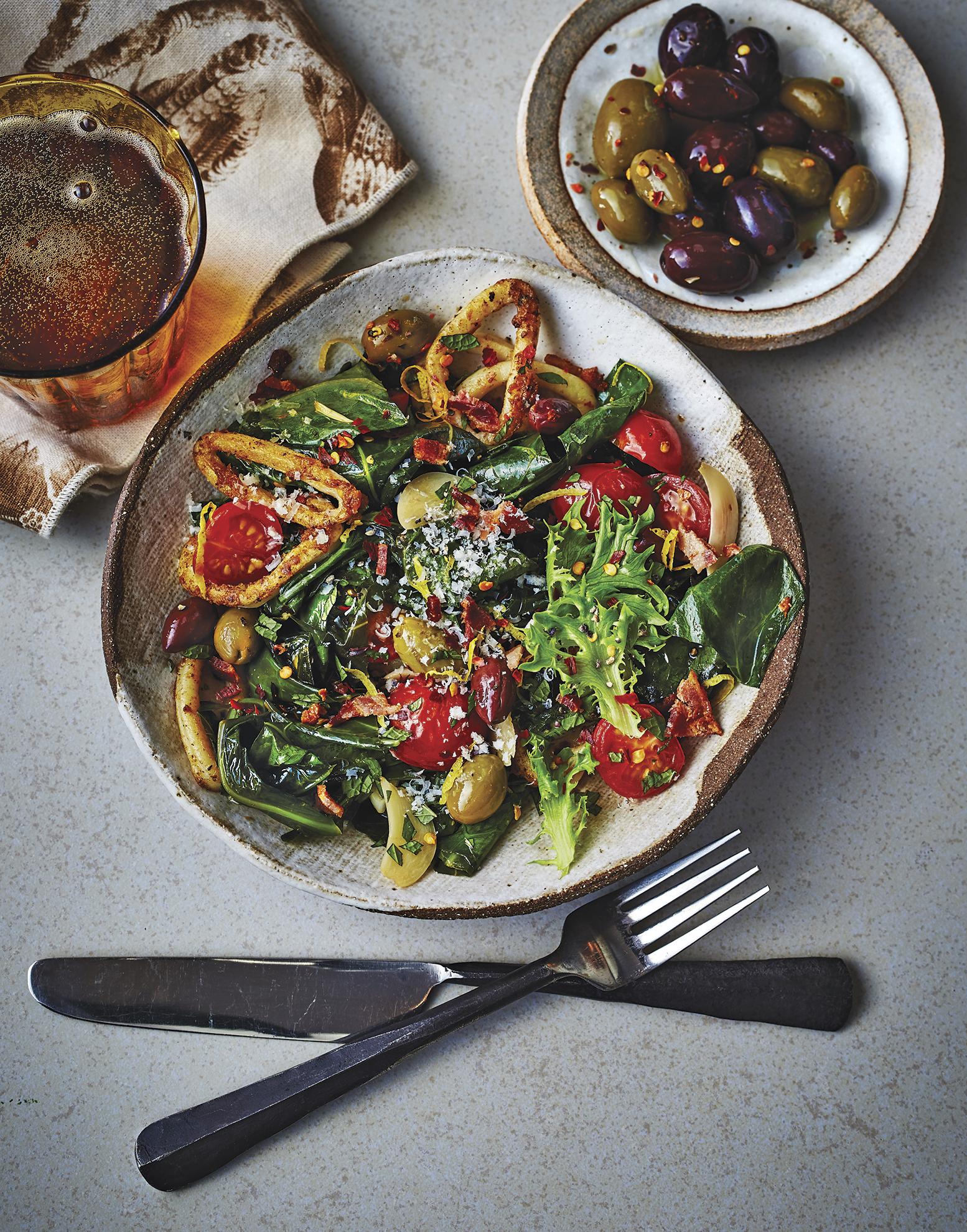 Recipe: Young Collard Greens with Bacon, Calamari, Tomatoes, Olives ...