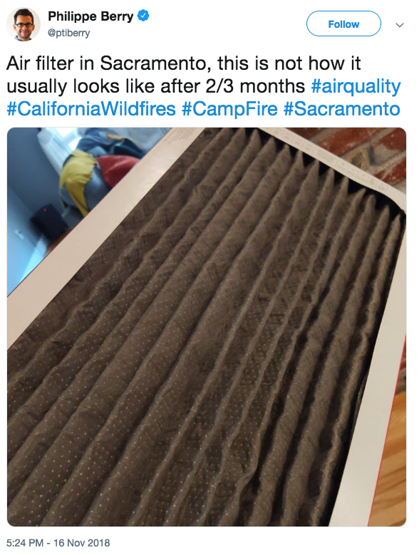People share images of air filters blackened with smoke after Camp Fire
