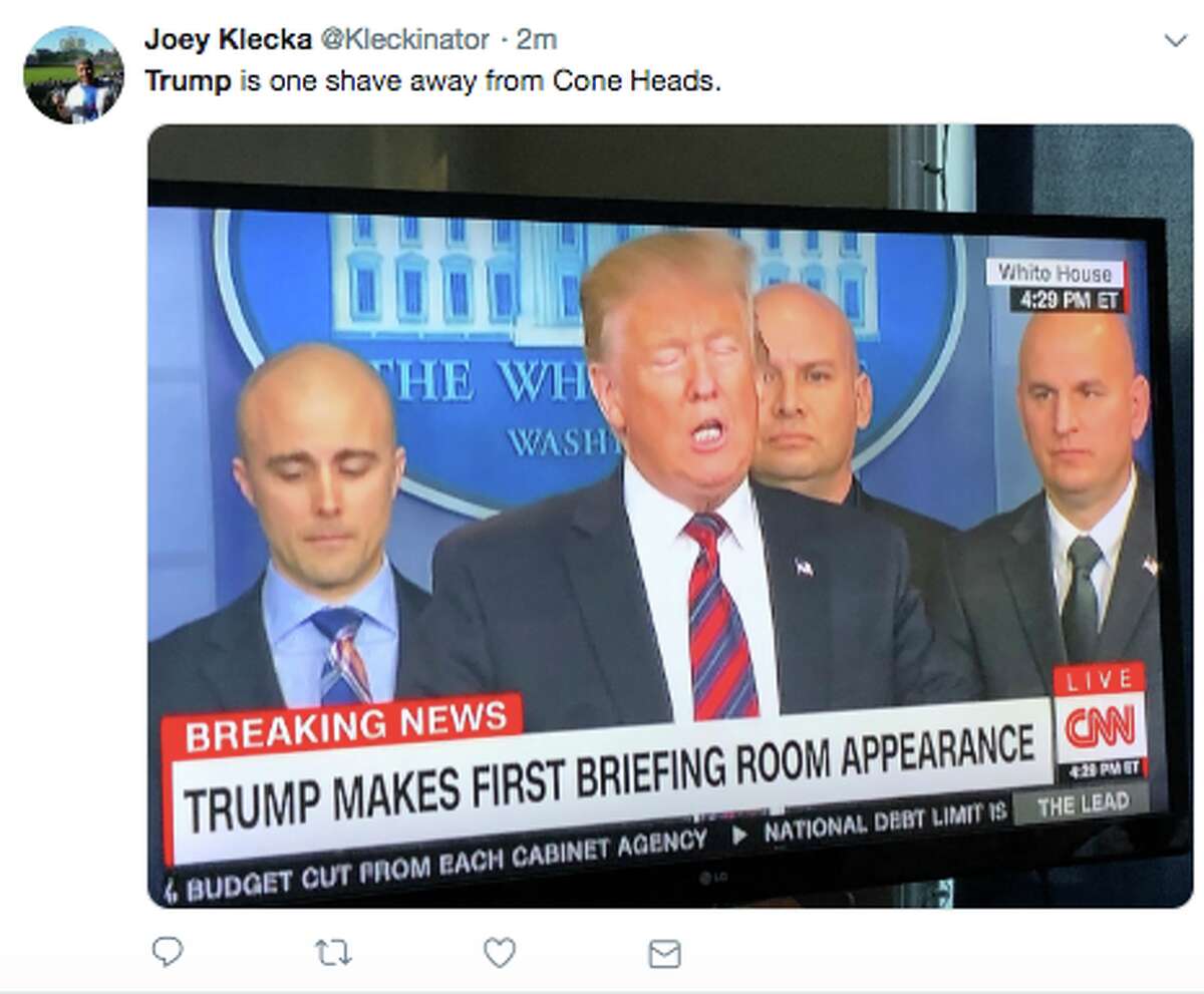 Twitter can't get over the people standing behind Trump in question ...