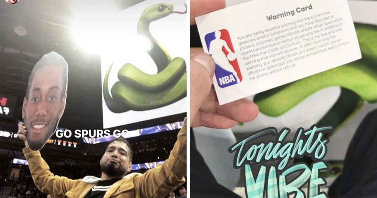 Spurs fan with Kawhi Leonard, snake emoji posters issued an NBA Warning ...