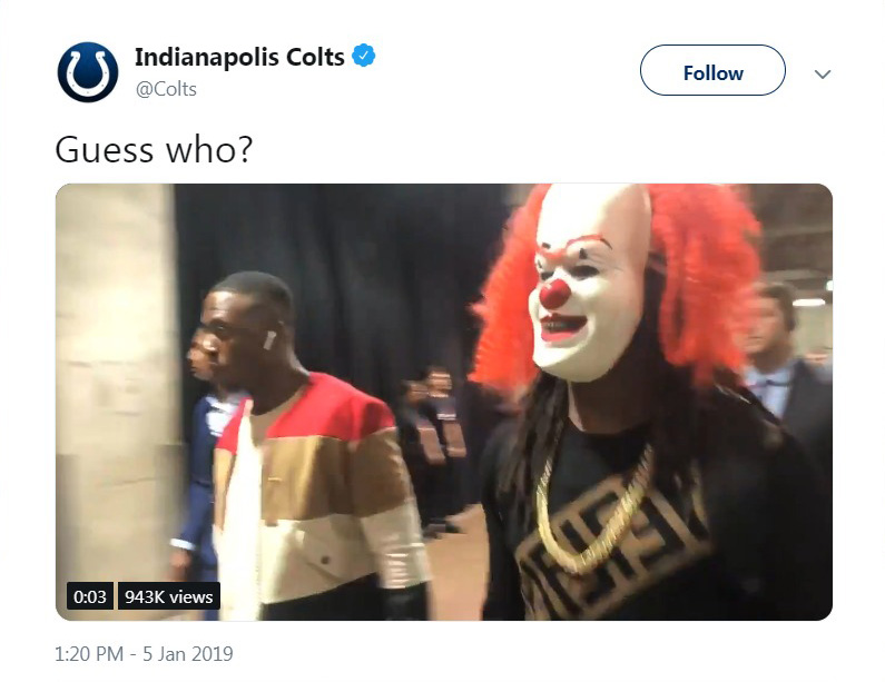 Colts' T.Y. Hilton shows up for Texans playoff game wearing clown mask